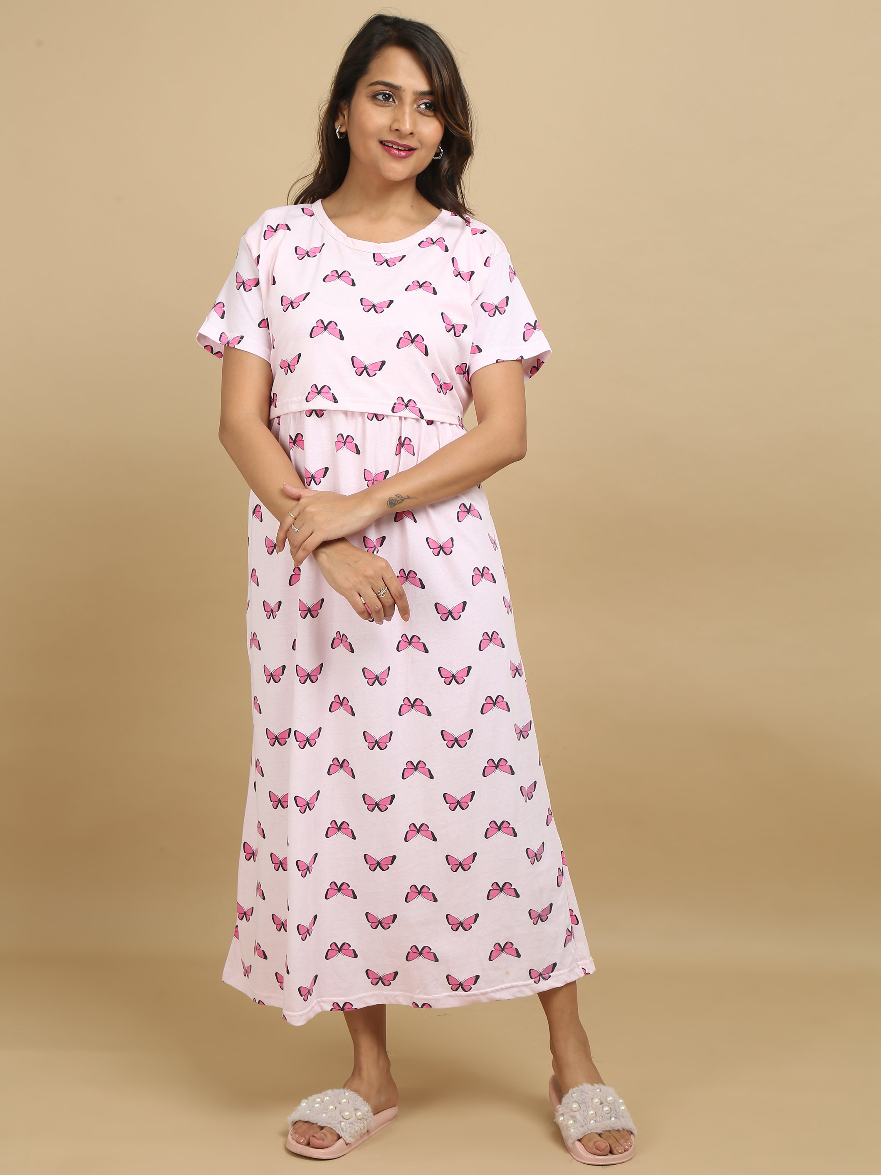 Feeding Zipless Maternity Nighty – Light Pink Cotton Butterfly Print ...